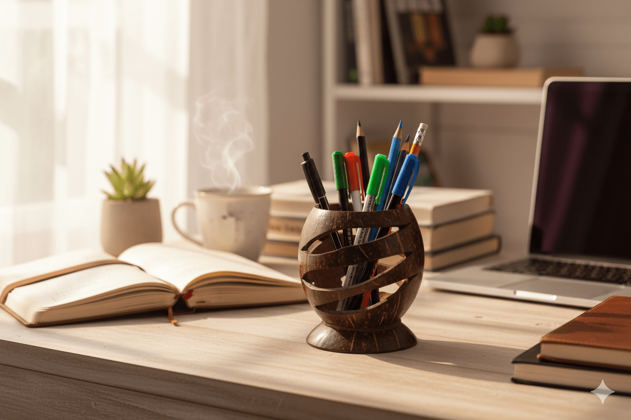 Natural Coconut Shell Pen Stand | Pen Holder by Kottravai – Brown Living™